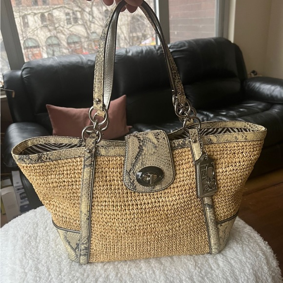 Coach | Bags | Coach Hampton Straw And Python Snakeskinleather Tote ...